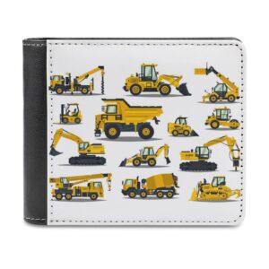 donnapink yellow construction excavators, tractors, bulldozers, trucks leather bifold wallet coin purse soft stylish credit pass case card-holder for boy girl men woman money storage