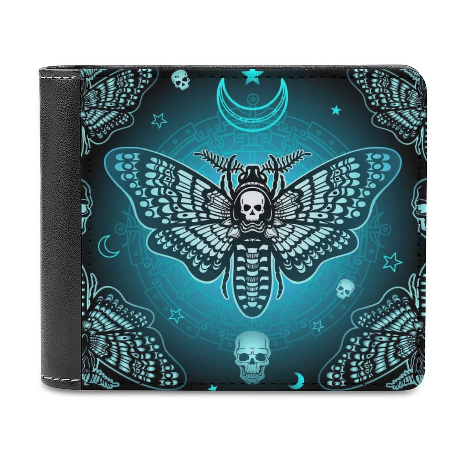 Donnapink Blue Moth Dead Head, Mystical Circle, Skull, Moon, Stars Occultism Leather Bifold Wallet Coin Purse Soft Stylish Credit Pass Case Card-Holder for Boy Girl Men Woman Money Storage