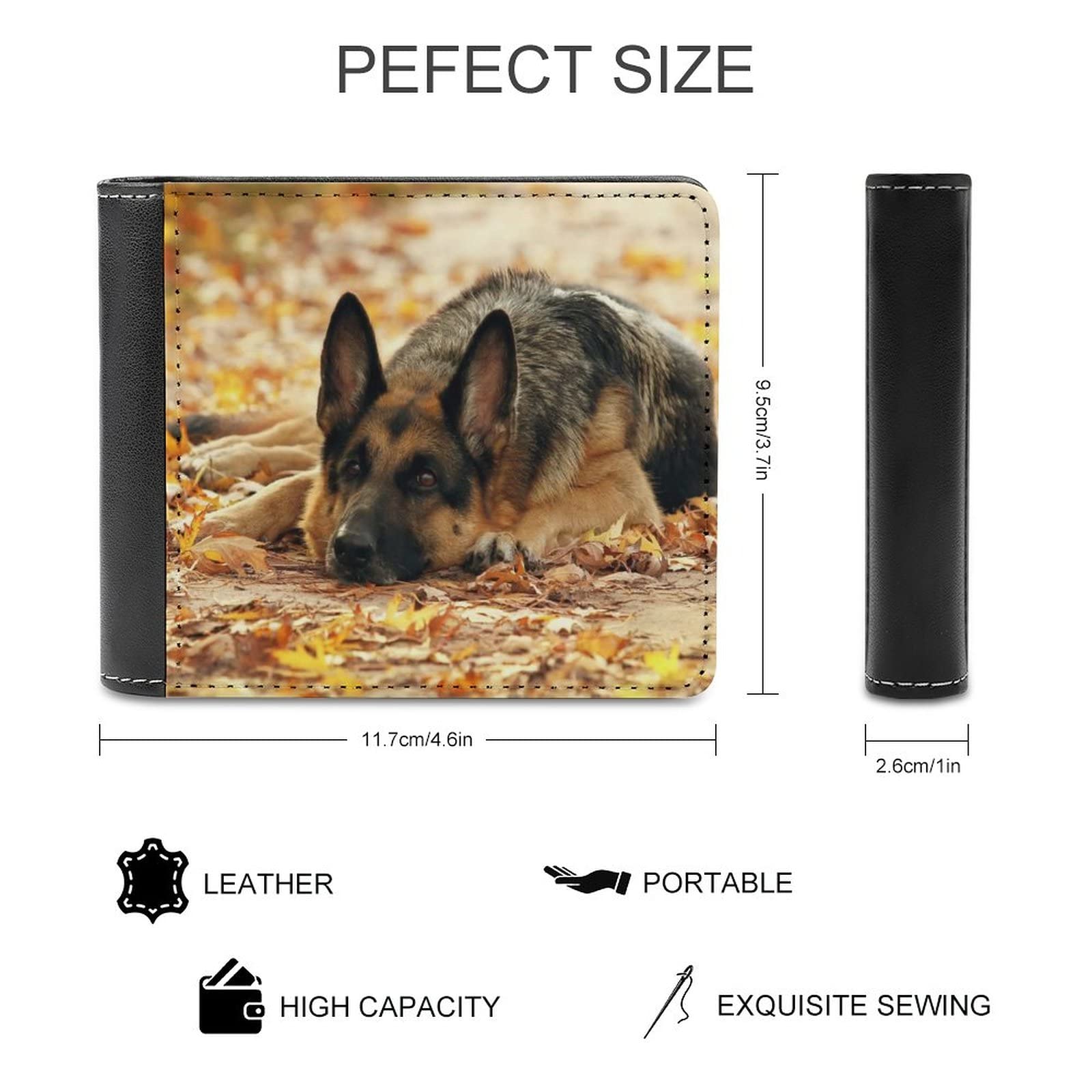 German Shepherd Dog Lies on Autumn Falling Foliage Leaves Leather Bifold Wallet Coin Purse Soft Stylish Credit Pass Case Card-Holder for Boy Girl Men Woman Money Storage