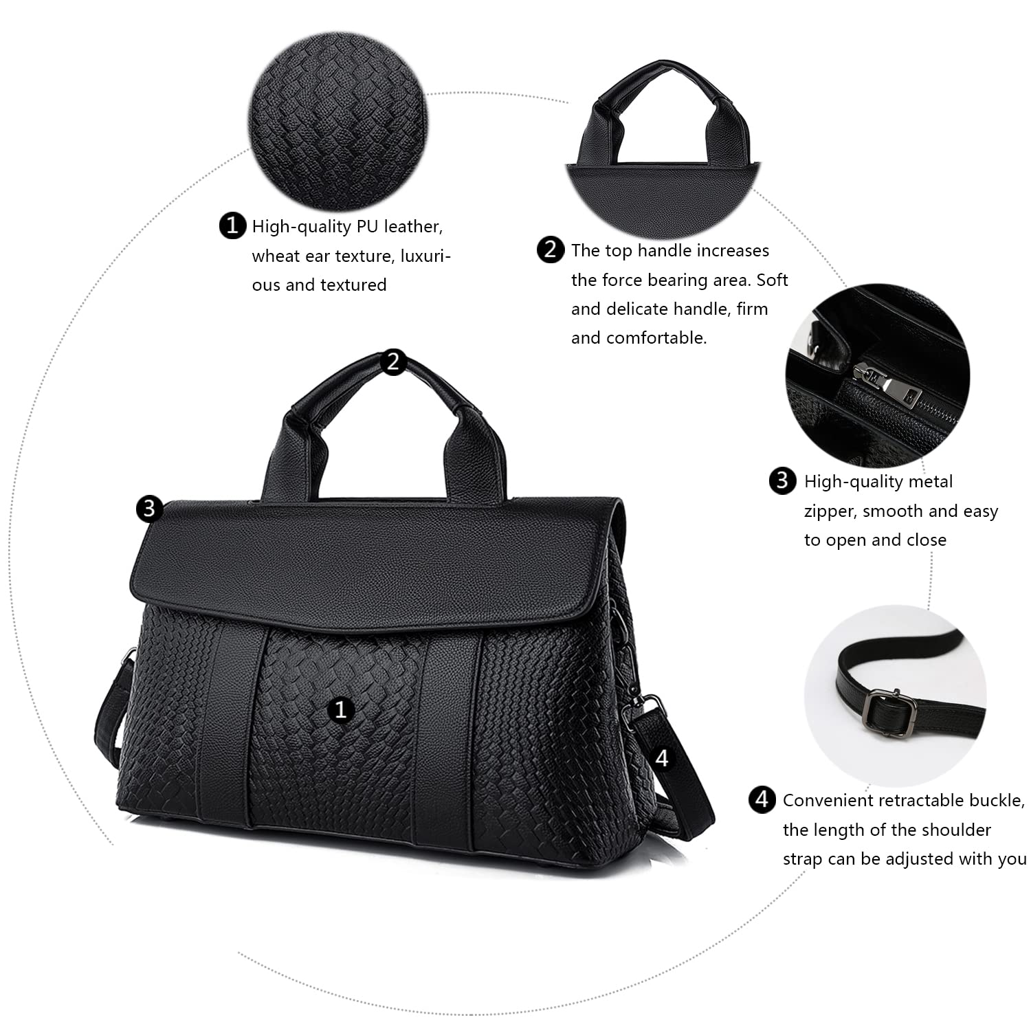 JESSWOKO Large Black PU Leather Boston Tote Handbags Purse Fashion Shoulder Messenger Bags Top Handle Hand Bag for Women JT-025L