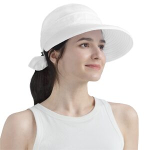 sun cube women sun hat for outdoor uv protection, wide brim sun hat ponytail, convertible zip-off beach hat visor for golf gardening pool travel, foldable summer upf50+ visor hat, white