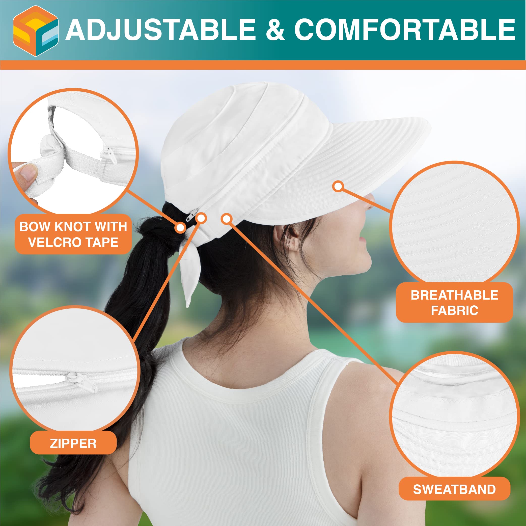 SUN CUBE Women Sun Hat for Outdoor UV Protection, Wide Brim Sun Hat Ponytail, Convertible Zip-Off Beach Hat Visor for Golf Gardening Pool Travel, Foldable Summer UPF50+ Visor Hat, White