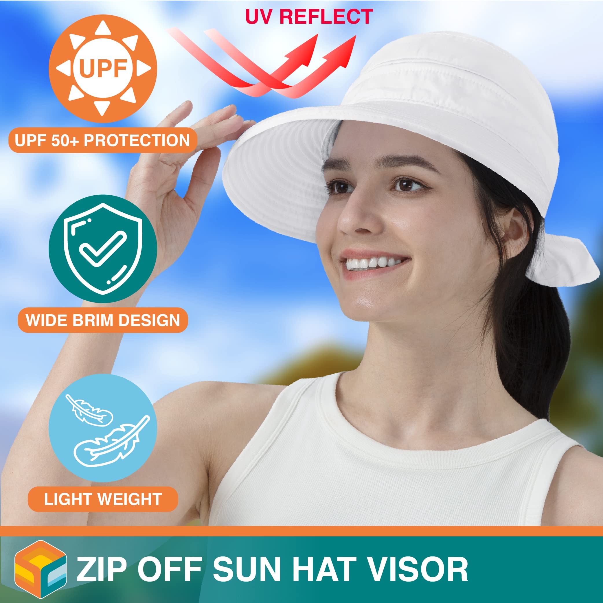 SUN CUBE Women Sun Hat for Outdoor UV Protection, Wide Brim Sun Hat Ponytail, Convertible Zip-Off Beach Hat Visor for Golf Gardening Pool Travel, Foldable Summer UPF50+ Visor Hat, White