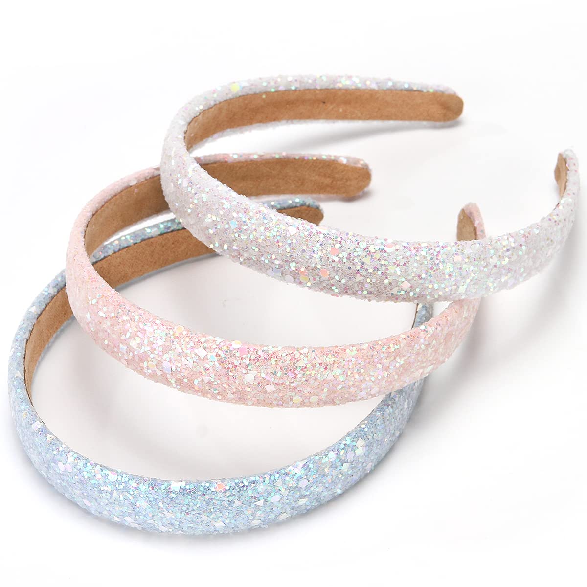 LONEEDY 3 Pack Glitter Sequins Sparkly Hard Headbands for Kids Wide Padded Hair Bands Fashion Cute Daily Accessories for Girls and Women (pink + sky blue + white)