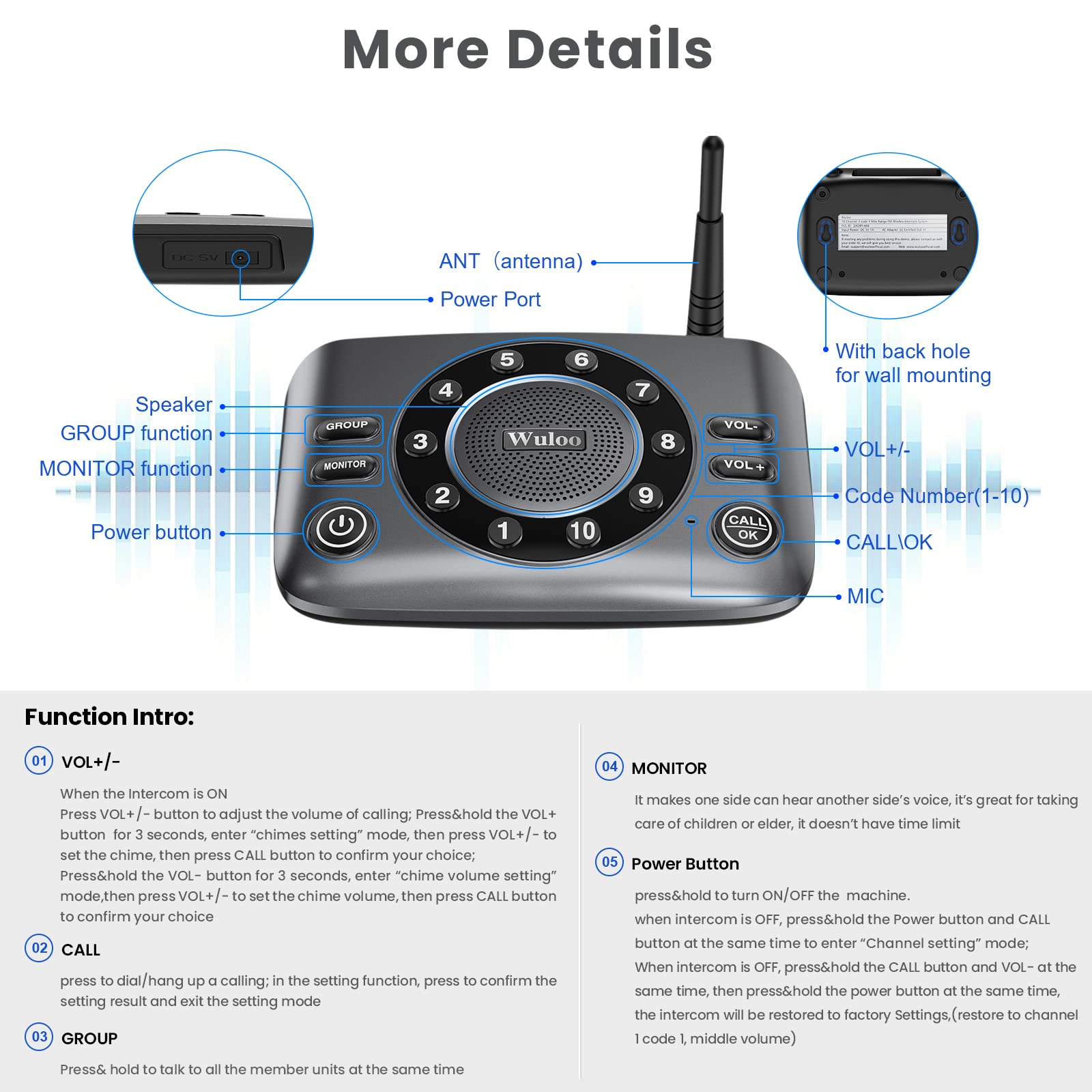 Wuloo Hands-Free Intercoms Wireless for Home Business, Upgrade Two Way Audio Intercom System for Elderly, Full Duplex Room to Room Intercom with 5280 ft Range Clear Sound Anti-Interference, Pack of 4