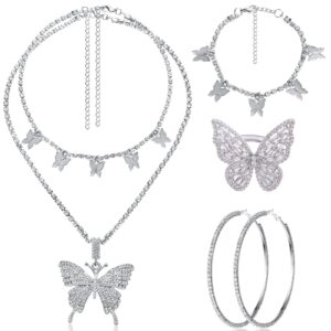 bonuci 4 pcs butterfly jewelry set butterfly pendant necklace hoop earrings bracelet ring necklace set for women(silver)