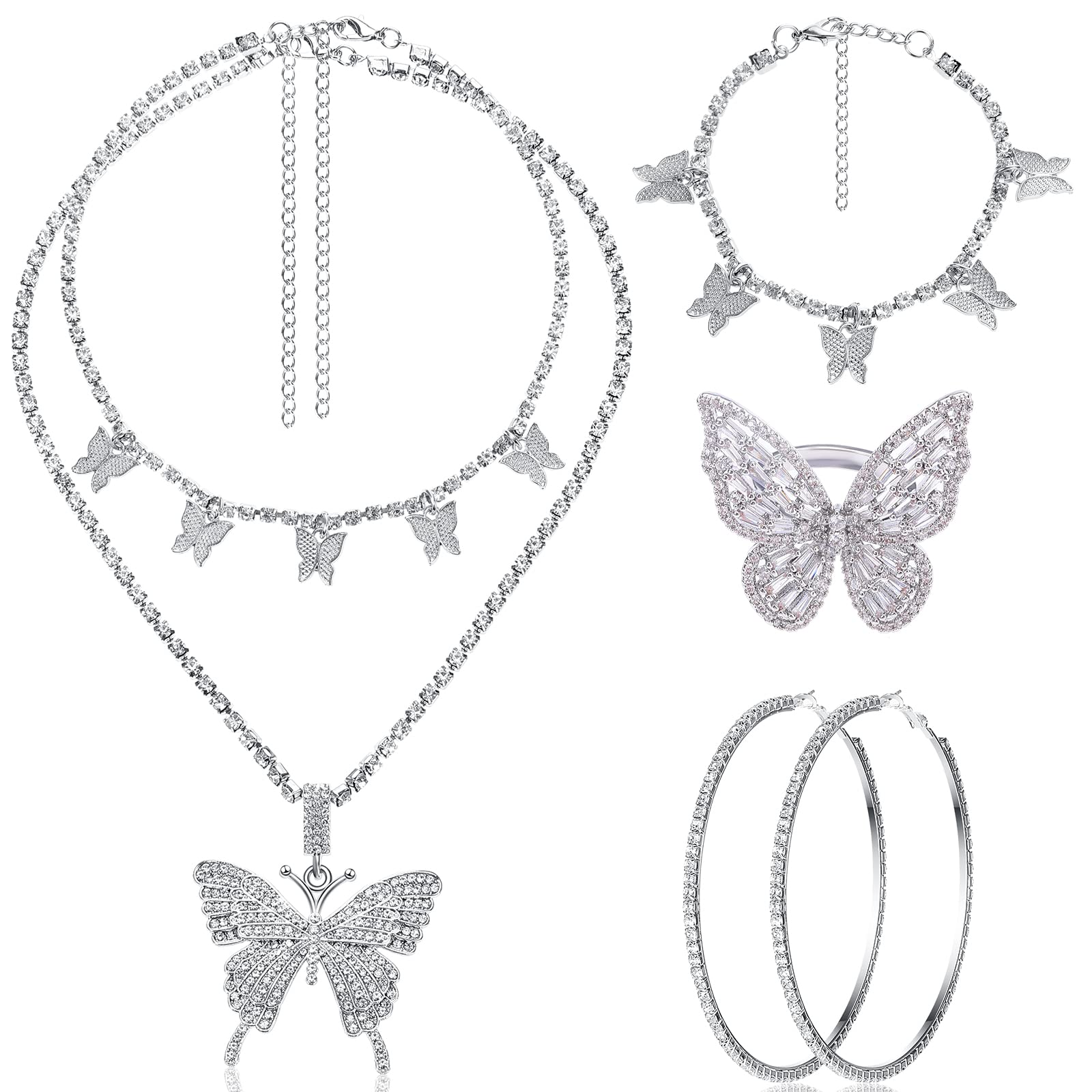 Bonuci 4 Pcs Butterfly Jewelry Set Butterfly Pendant Necklace Hoop Earrings Bracelet Ring Necklace Set for Women(Silver)