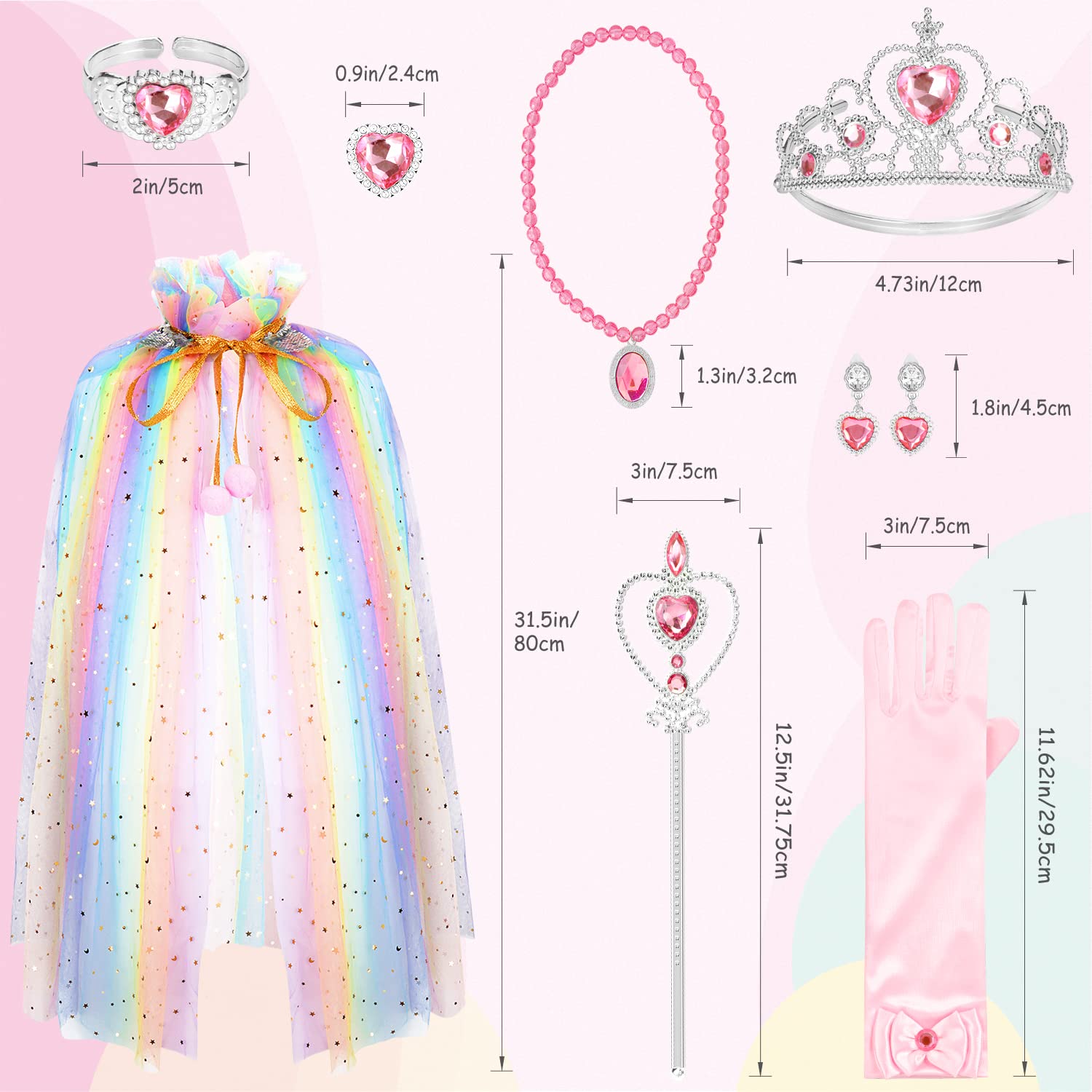 10 Pieces Princess Cape Set Dress up Clothes for Little Girls Party Cosplay Cloak with Jewelry Tiara Crown Wand Gloves