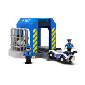 wooden train tracks accessories, train set piece of police station compatible with all railroad track collection, train toys expansion pack for kids ages 3 and up.