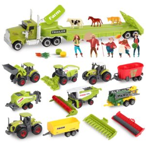 oriate kid's farm toys realistic tractor vehicle playset, diecast car set educational mini farm animals with flatbed trailer,birthday gift for children 3+ year old