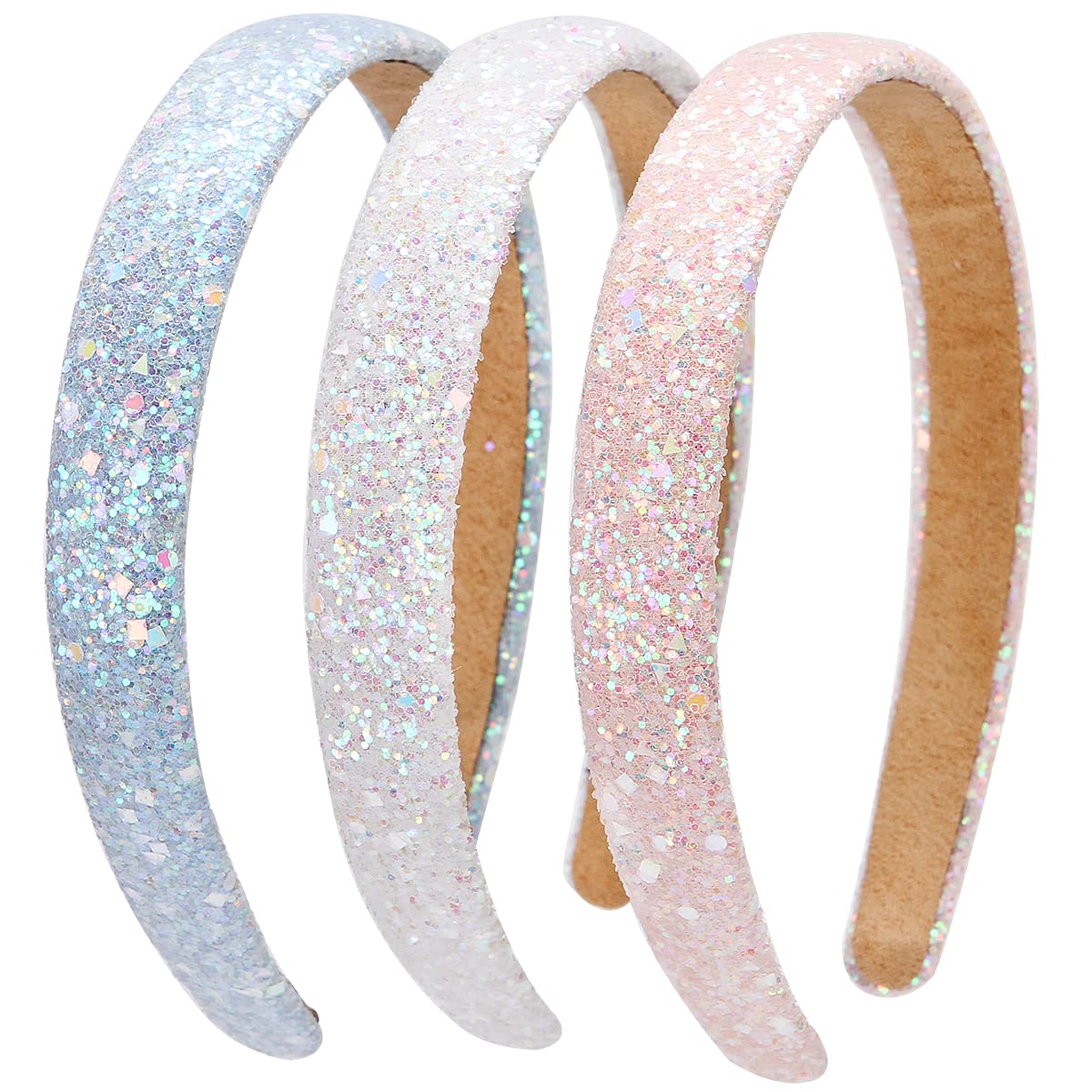 LONEEDY 3 Pack Glitter Sequins Sparkly Hard Headbands for Kids Wide Padded Hair Bands Fashion Cute Daily Accessories for Girls and Women (pink + sky blue + white)