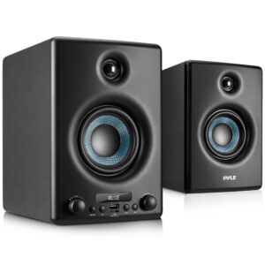 pyleusa hifi active bookshelf speaker with bluetooth - audio stereo monitor speaker system, 300w, quality sound for pc, tv, desktops, w/usb, micro sd, rca input, black - pbksp33bk