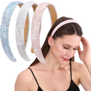 LONEEDY 3 Pack Glitter Sequins Sparkly Hard Headbands for Kids Wide Padded Hair Bands Fashion Cute Daily Accessories for Girls and Women (pink + sky blue + white)