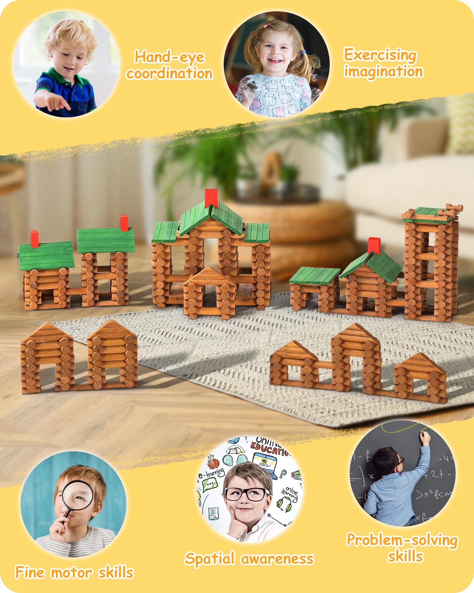 SainSmart Jr. 665 PCS Wooden Log Cabin Set Building House Toy for Toddlers, Classical STEM Construction Kit Compatible with Lincoln Logs for 3+ Kids