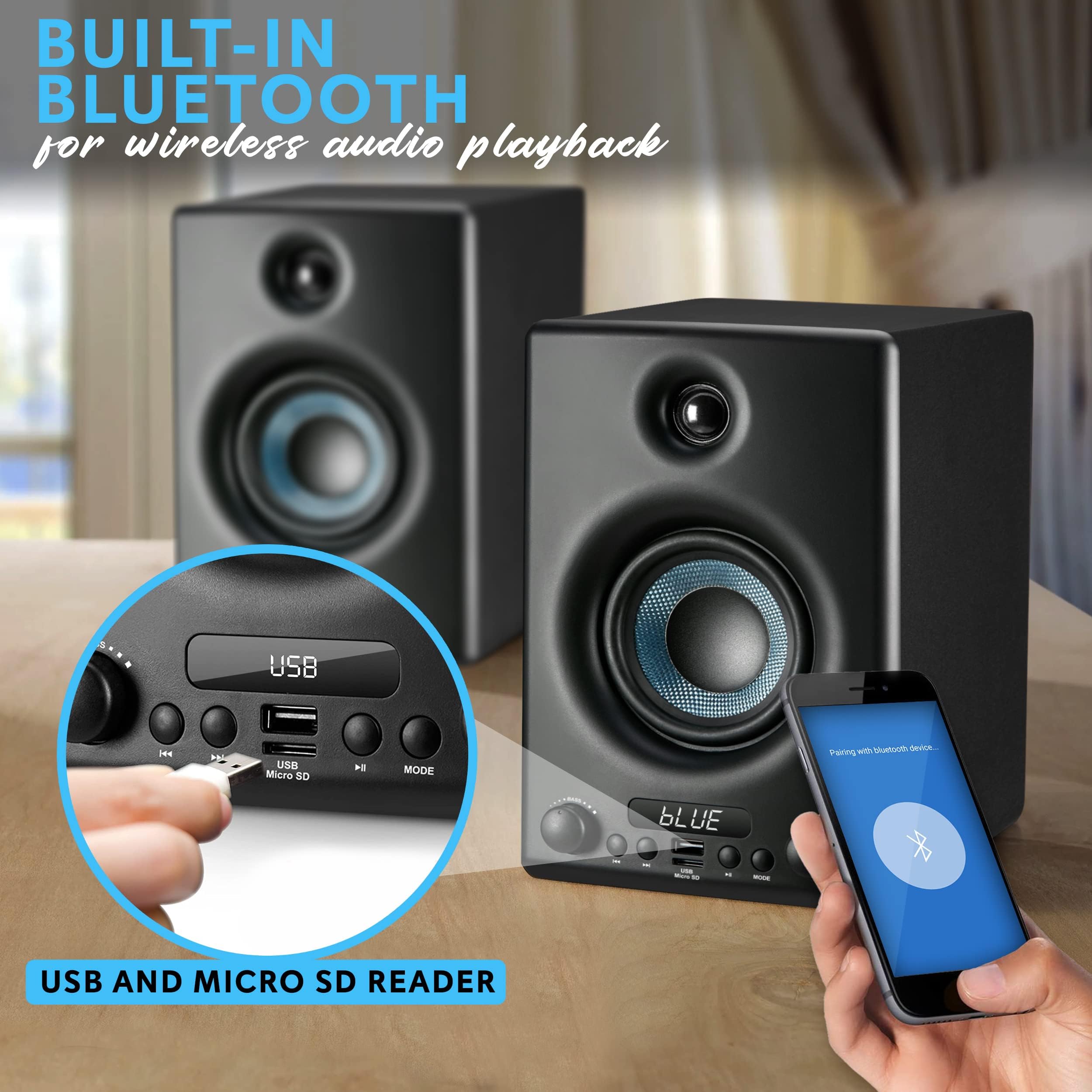 PyleUsa HiFi Active Bookshelf Speaker with Bluetooth - Audio Stereo Monitor Speaker System, 300W, Quality Sound for PC, TV, Desktops, w/USB, Micro SD, RCA Input, Black - PBKSP33BK