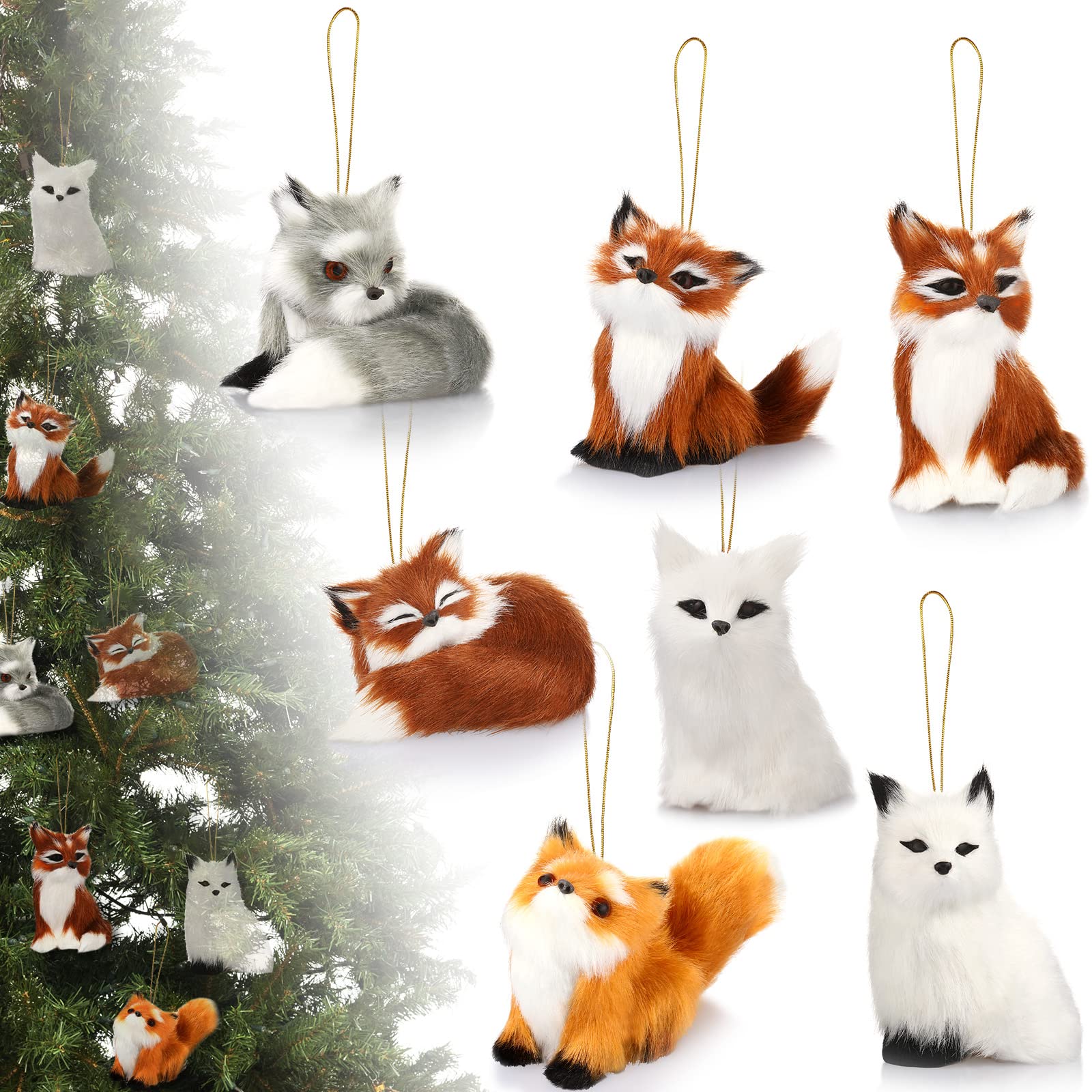 7 Pcs Mini Fox Plush Toys Stuffed Animal Christmas Tree Hanging Ornaments Simulation Squatting Fox Model Home Decoration Static Action Figures Fox Sleeping for Home Office Bag Decoration, 5 Inches