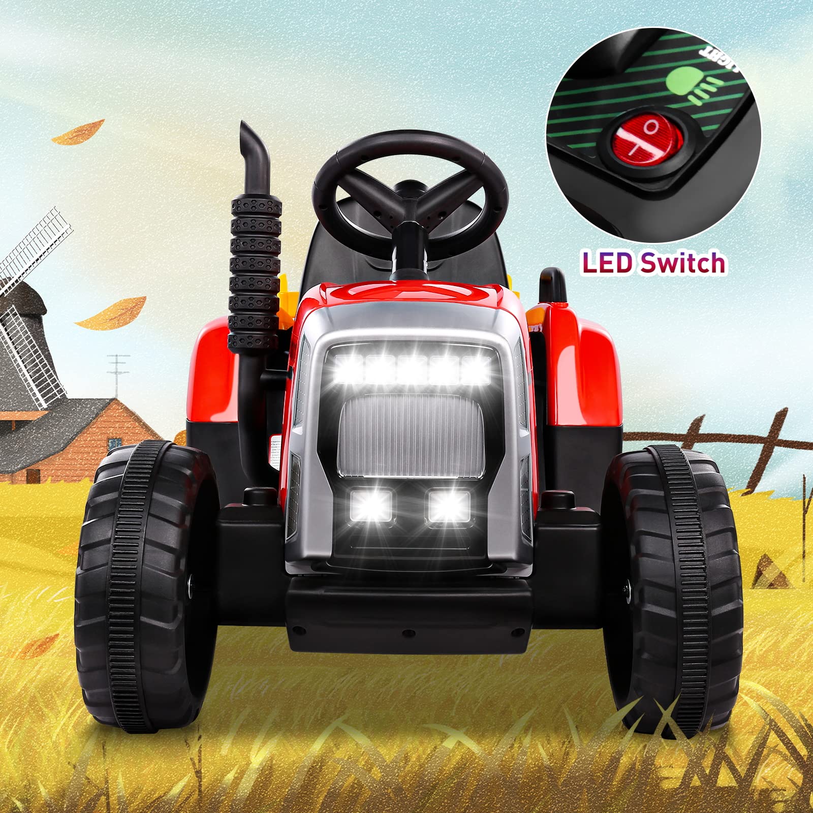 Kids Ride on Tractor with Remote Control, 12V Battery Powered Electric Tractor for Kids Bluetooth Music/USB, 3-Gear-Shift, Safety Belt, 25W Dual Motors, 7-LED Lights