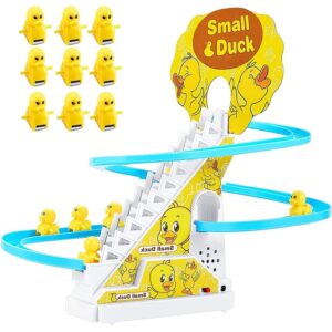 joygetin small ducks climbing toys,electric duck climbing stairs tracks slide toy set,duck roller coaster toy with flashing lights & music on/off button