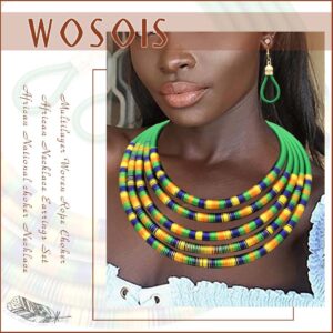 Wosois Multilayered Tribal Choker Necklace Earrings Set Colorful Woven Rope African Necklaces Weave Collar Chunky Statement Necklace Jewelry Sets for Women (Green)