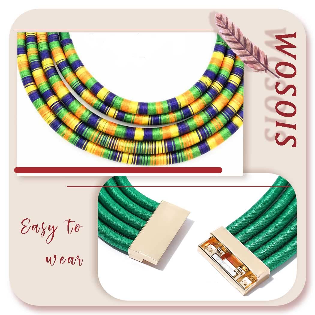 Wosois Multilayered Tribal Choker Necklace Earrings Set Colorful Woven Rope African Necklaces Weave Collar Chunky Statement Necklace Jewelry Sets for Women (Green)