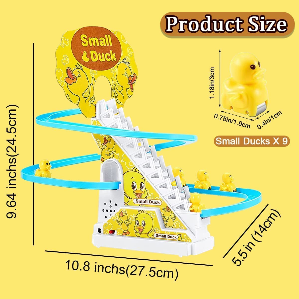 JOYGETIN Small Ducks Climbing Toys,Electric Duck Climbing Stairs Tracks Slide Toy Set,Duck Roller Coaster Toy with Flashing Lights & Music On/Off Button