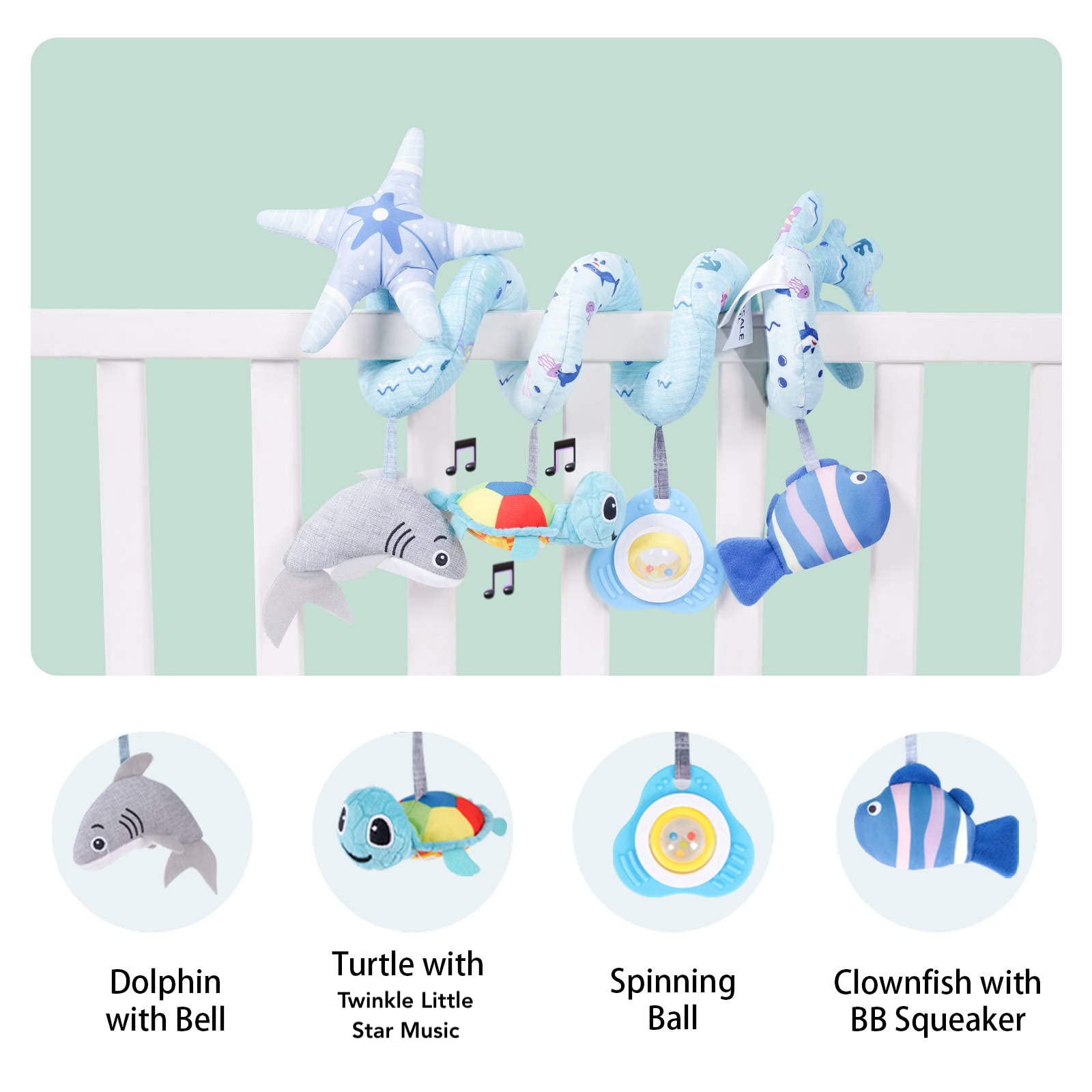 Upscale Trail Deluxe 5-Piece Spiral Plush Toy Set - Cute Hanging Baby Rattle Animals including Shark Ideal Stroller, Crib Mobile, & Car Seat Toys for Babies 0-6 months up to 1 Year Coral Blue