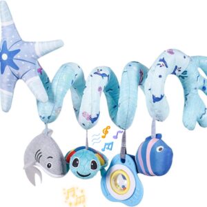 Upscale Trail Deluxe 5-Piece Spiral Plush Toy Set - Cute Hanging Baby Rattle Animals including Shark Ideal Stroller, Crib Mobile, & Car Seat Toys for Babies 0-6 months up to 1 Year Coral Blue