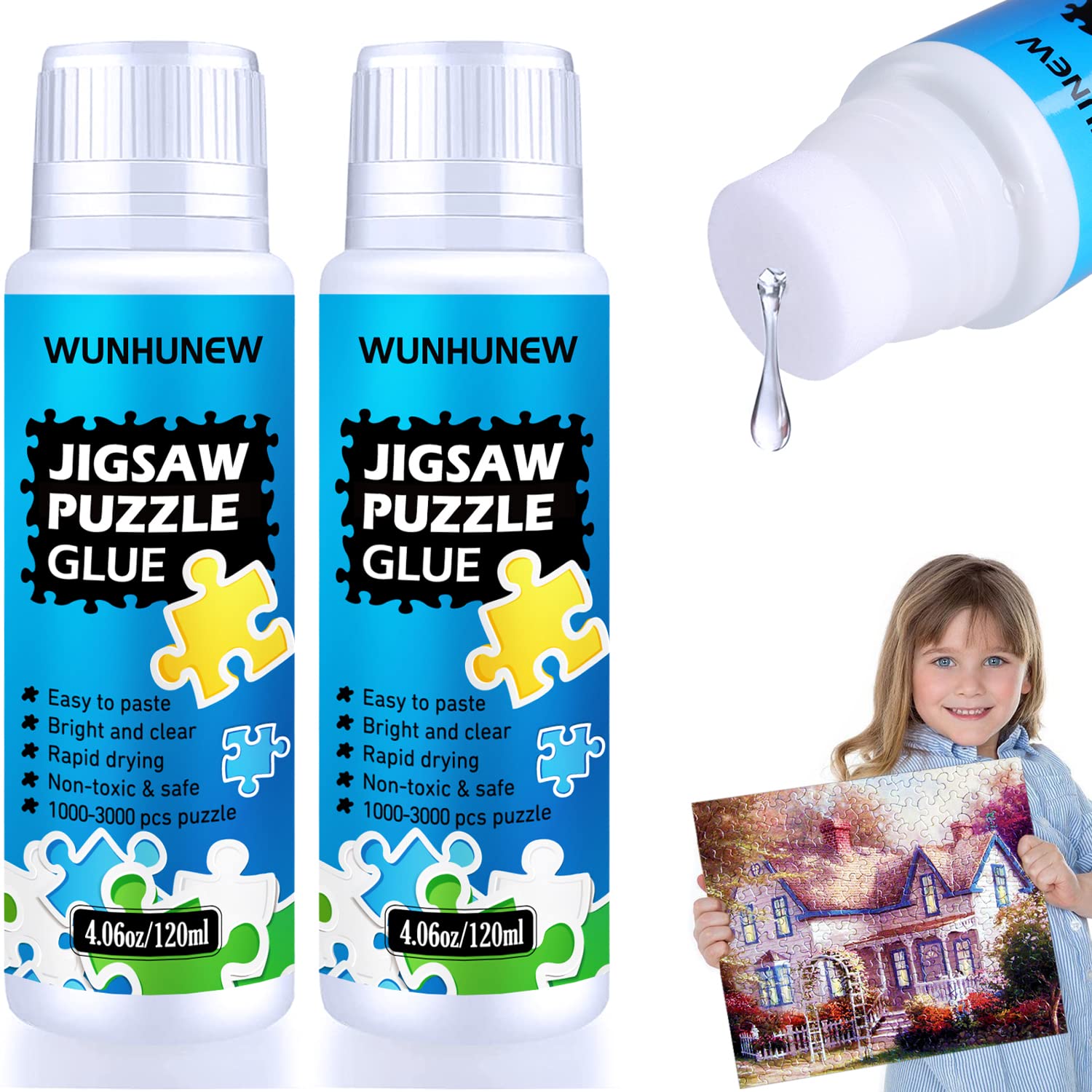 Newest Jigsaw Puzzle Glue Clear with Sponge Head Applicator, Puzzle Saver Frame for 3000/4000/5000 Pieces Puzzle of Paper & Wood, Water-Soluble Special Art Craft Puzzle Guard Glue, Quick Dry (240ML)