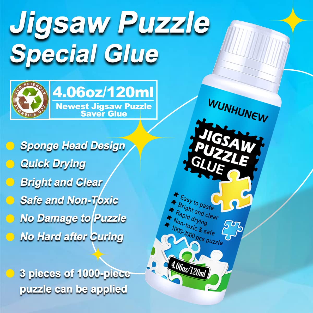 Newest Jigsaw Puzzle Glue Clear with Sponge Head Applicator, Puzzle Saver Frame for 3000/4000/5000 Pieces Puzzle of Paper & Wood, Water-Soluble Special Art Craft Puzzle Guard Glue, Quick Dry (240ML)