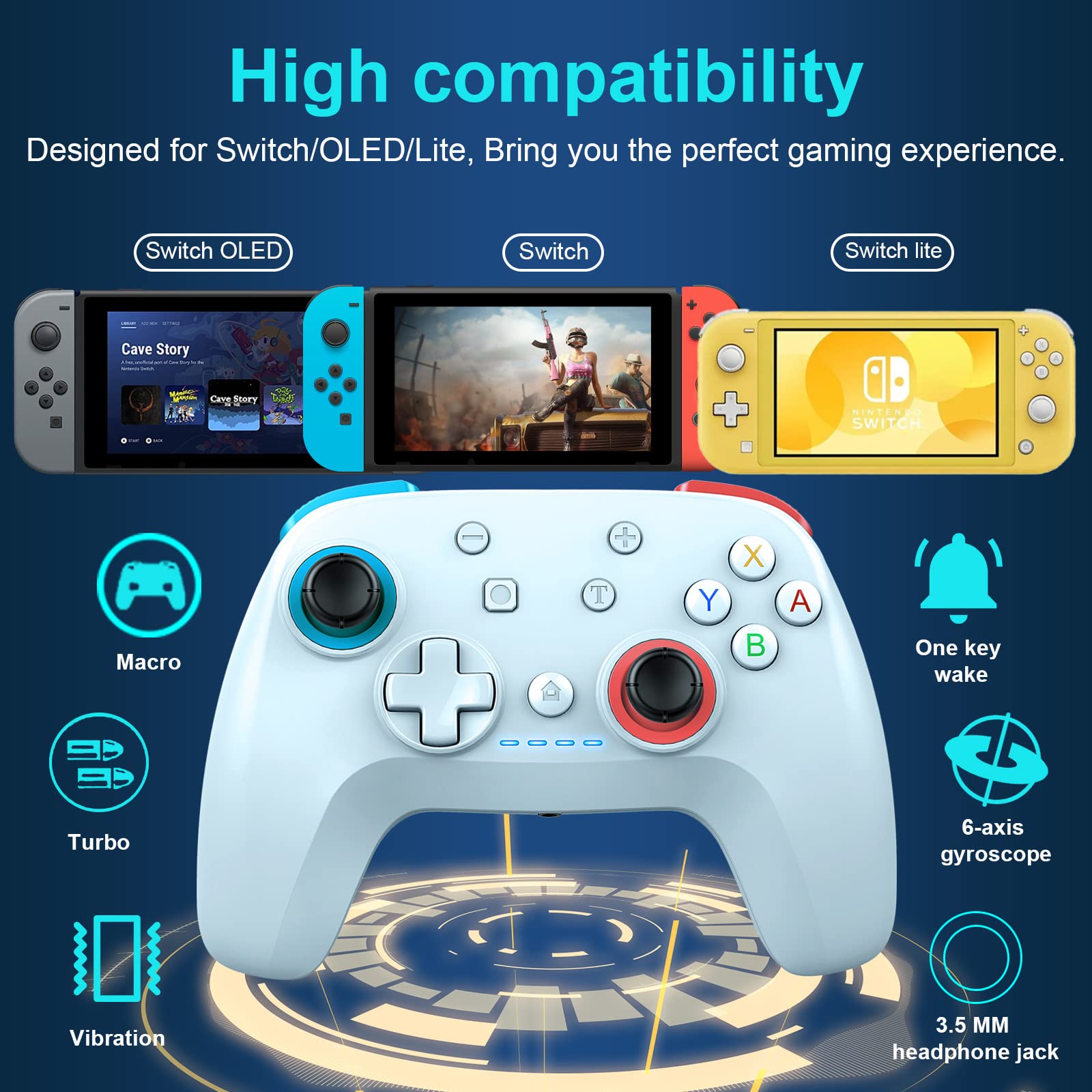 FLIEEP Switch Controller - Wireless Switch Controller for Nintendo Switch/Switch OLED/Switch Lite with Macro Button, 3 Levels Turbo Function, 4 Levels Adjustable Vibration, Six-Axis Motion Control