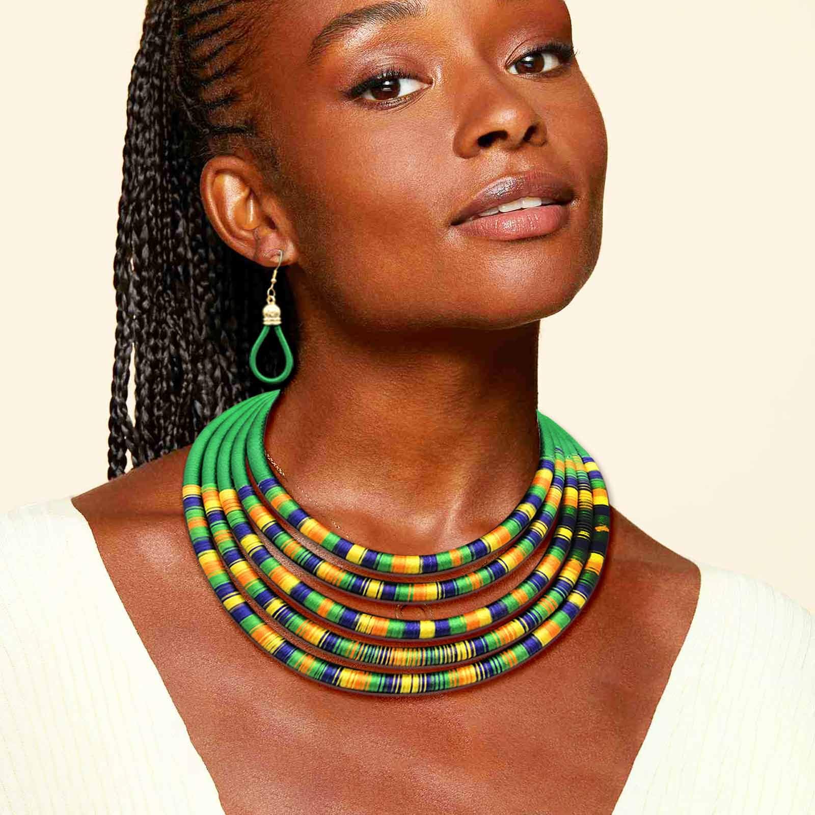 Wosois Multilayered Tribal Choker Necklace Earrings Set Colorful Woven Rope African Necklaces Weave Collar Chunky Statement Necklace Jewelry Sets for Women (Green)