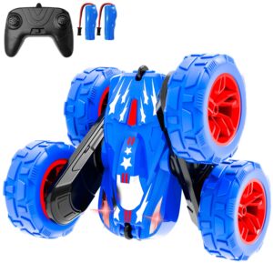 stemtron remote control car 2.4ghz rc stunt car double sided running fast rc car 360°rotating vehicles 180°flips rc crawler with bright headlights toy gift for boys and girls (blue)