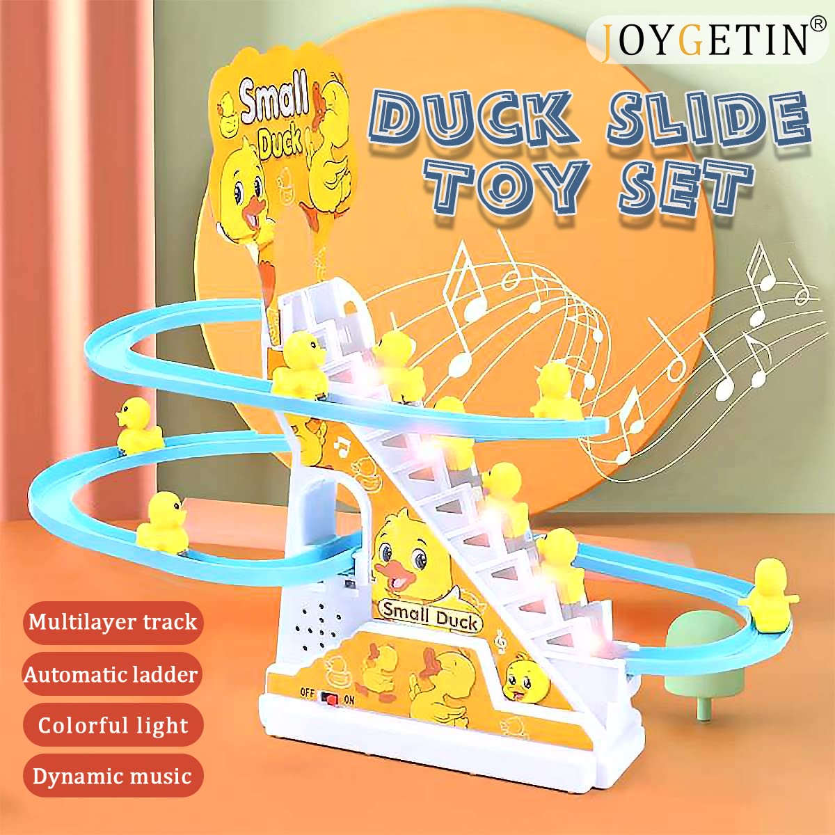 JOYGETIN Small Ducks Climbing Toys,Electric Duck Climbing Stairs Tracks Slide Toy Set,Duck Roller Coaster Toy with Flashing Lights & Music On/Off Button