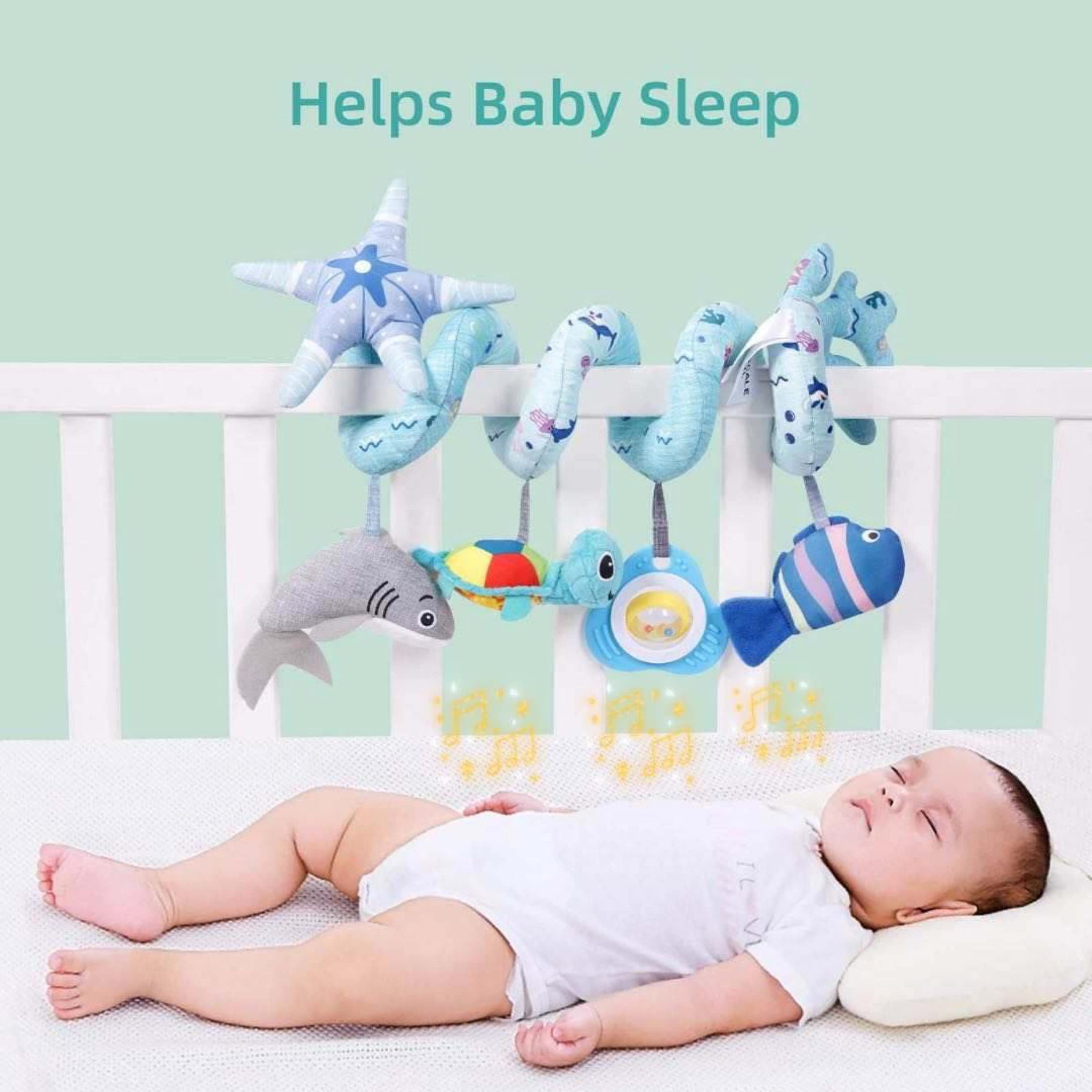 Upscale Trail Deluxe 5-Piece Spiral Plush Toy Set - Cute Hanging Baby Rattle Animals including Shark Ideal Stroller, Crib Mobile, & Car Seat Toys for Babies 0-6 months up to 1 Year Coral Blue