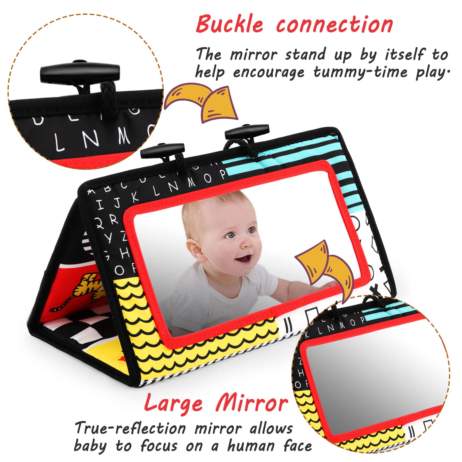 Oarifun Baby Floor Mirror Tummy Time Toys, Activity Double High Contrast Baby Toy Black and White Double Folding Baby Montessori Toys Crawling Activity Mat Floor Mirror for Infants 3 6 12 Months