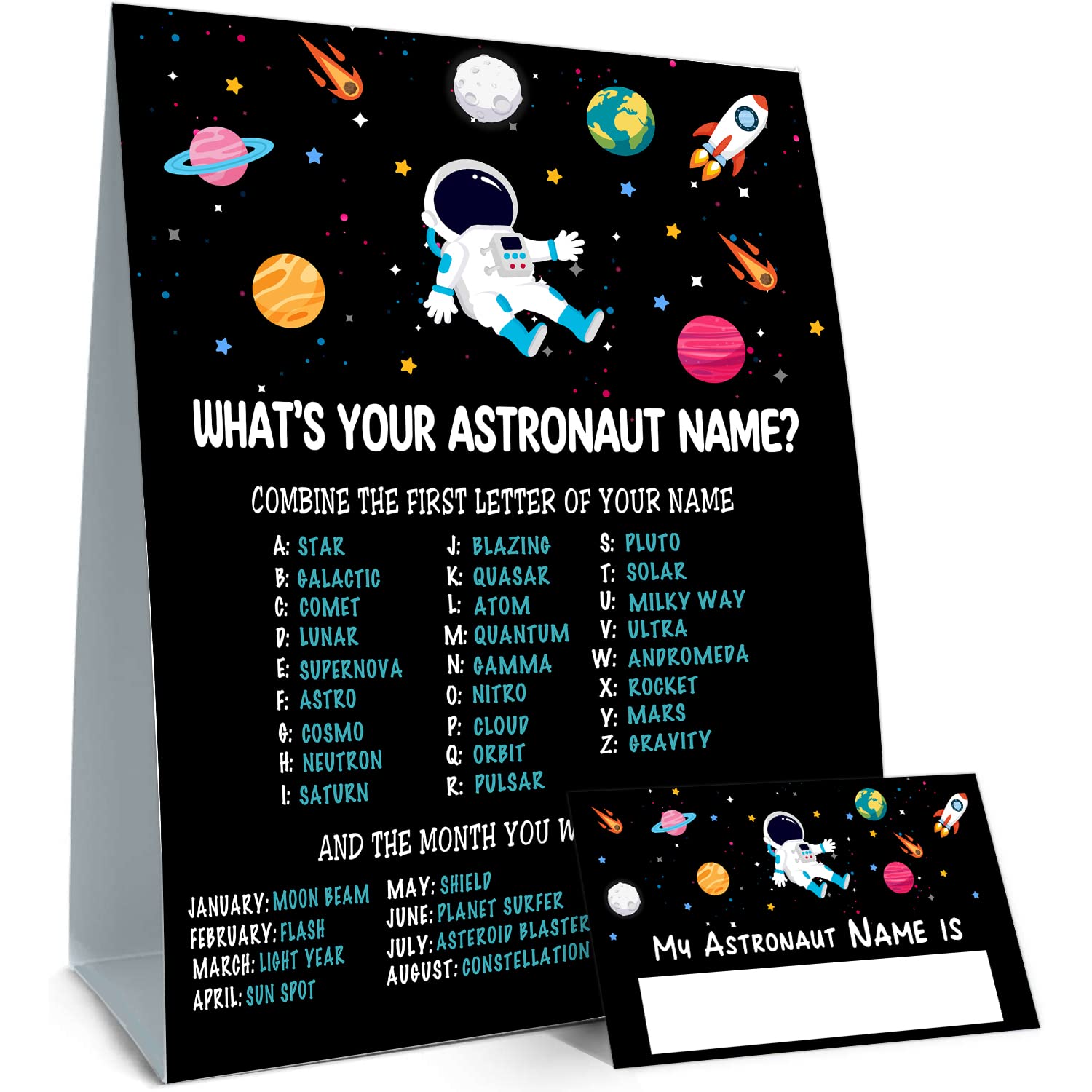 What is Your Astronaut Name Game, Game Sign and 30 Cards, Astronaut Birthday Party Sign for Boys and Girls, Holiday Activity, Kids Astronaut Activity Cards, Astronaut Activity Decoration Supplies