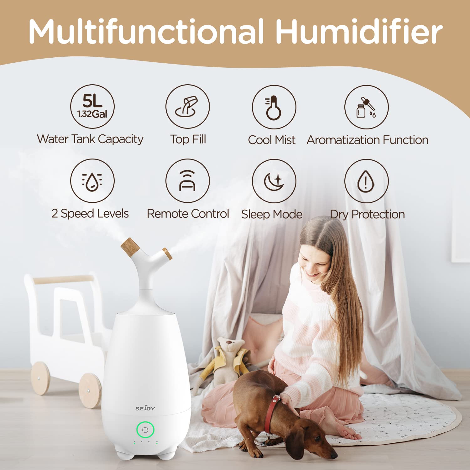 Humidifiers for Large Room 5L Ultrasonic Cool Mist Humidifier for Bedroom Cute Humidifier Ultra Quiet Top Fill Air Humidifier for Baby Plants with Essential Oil Diffuser and Remote Control, White