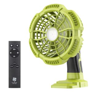 dteztech 7 inch camping fan powered by ryobi one+ 18v li-ion ni-cd ni-mh battery, 3 speed handheld fan with remote, 9w led work light, small personal portable fan for home travel outdoor garage office