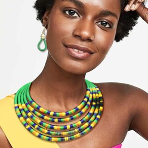 Wosois Multilayered Tribal Choker Necklace Earrings Set Colorful Woven Rope African Necklaces Weave Collar Chunky Statement Necklace Jewelry Sets for Women (Green)