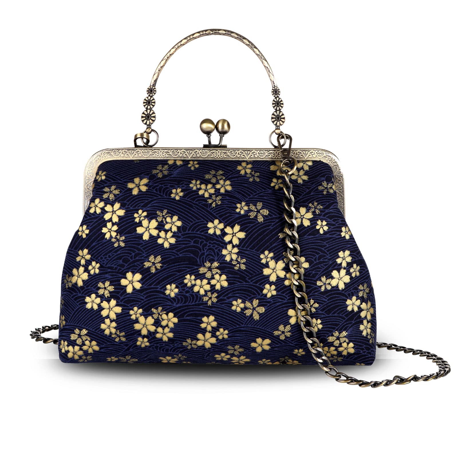 Abuyall Floral Top Handle Handbag Chain Strap Women Kiss Lock Canvas Frame Shoulder Bag Royal