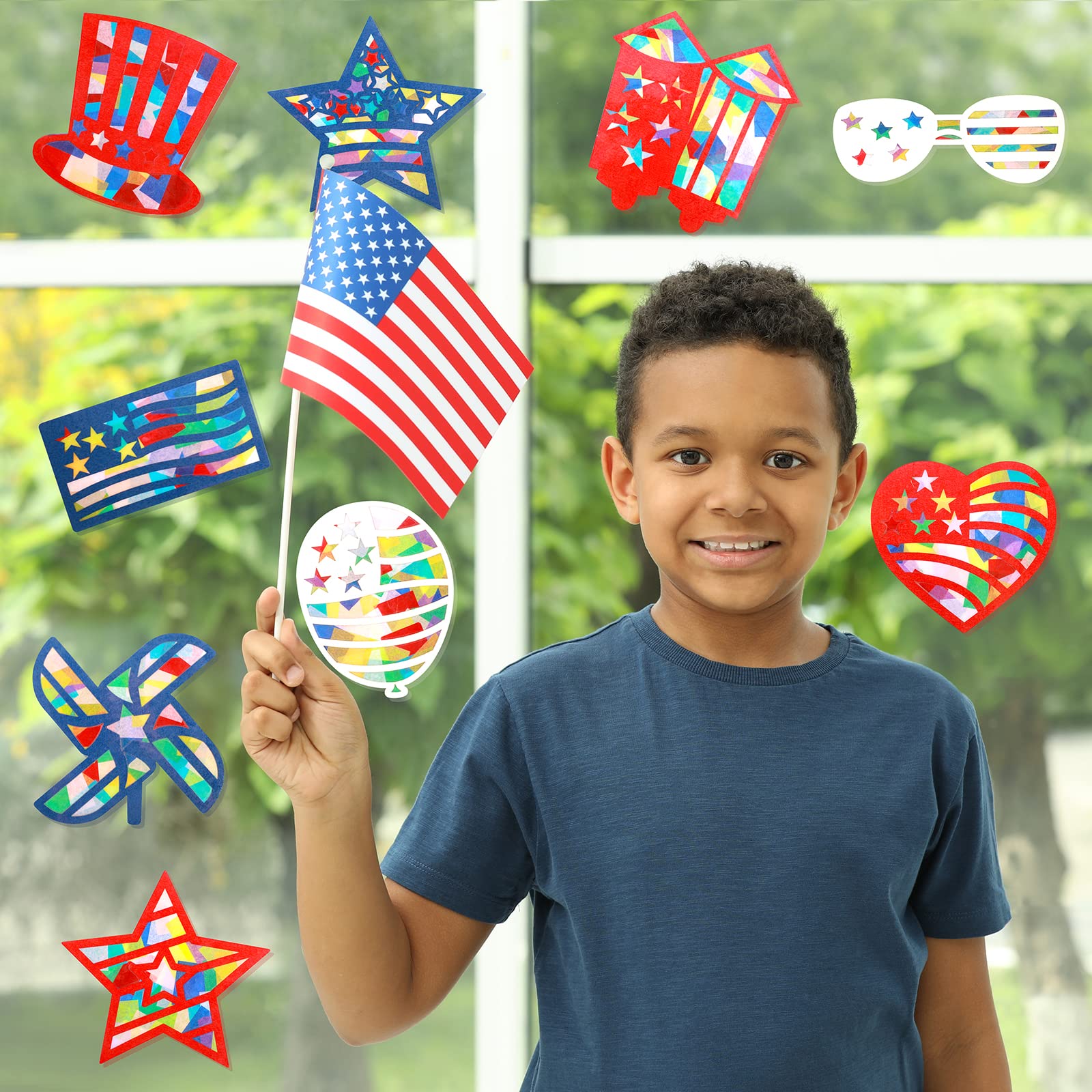 Zonon 27 Pieces 4th of July Suncatcher Craft for Kids Suncatcher Paper Kit Patriotic Suncatcher Craft Independence Day Window Stained Glass Suncatchers for Window DIY Art Activities Party Decoration