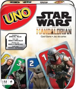 mattel games uno star wars the mandalorian card game, travel game in collectible storage tin & special rule, 2-10 players