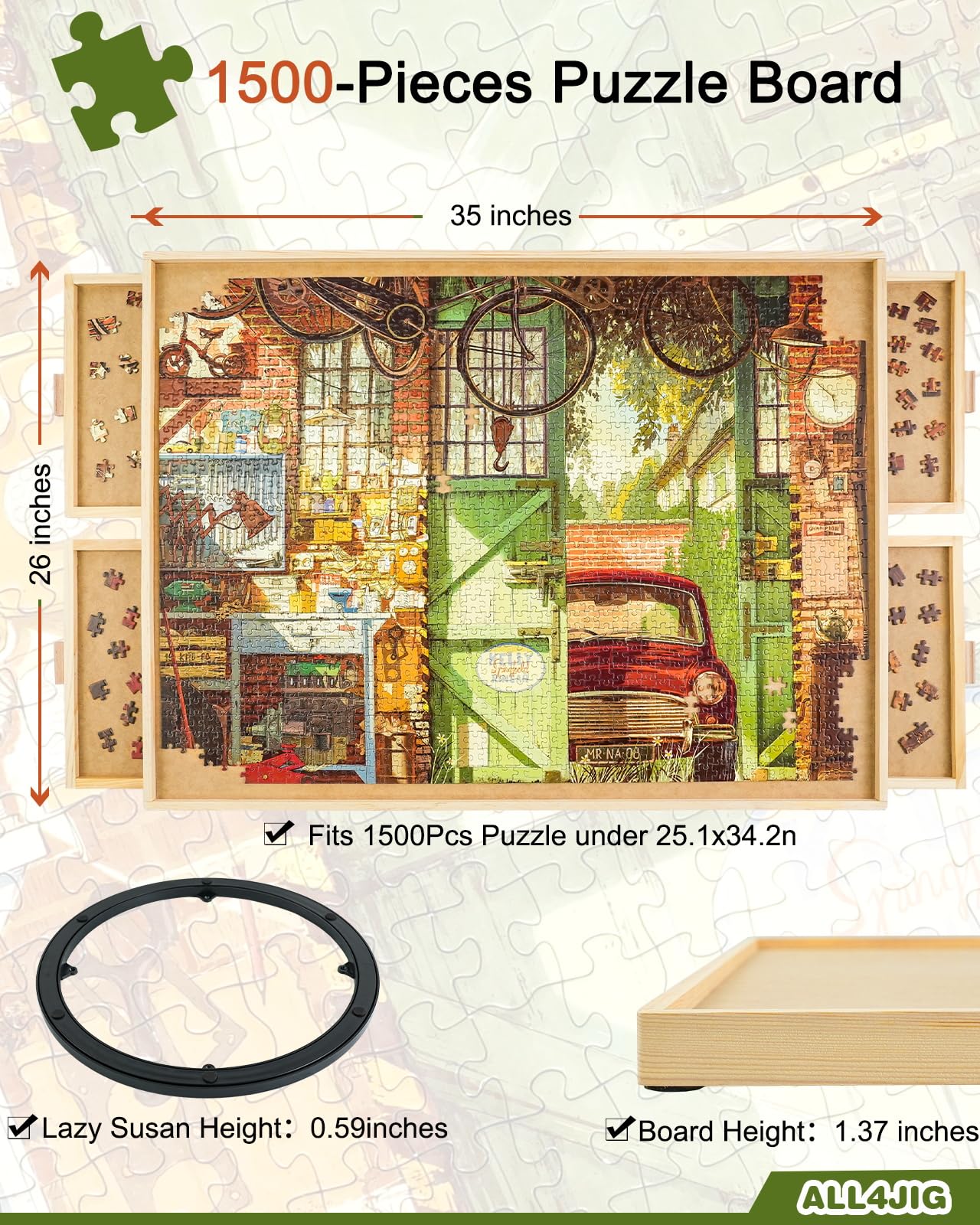 ALL4JIG 1500 Piece Rotating Puzzle Board with Drawers and Cover,26"x35"Portable Wooden Jigsaw Puzzle Table for Adults Portable,Lazy Susan Spinning Puzzle Boards Birthday Gift for mom