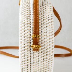 Handmade White Round Rattan Bag Star Pattern with Leather strap made in Bali