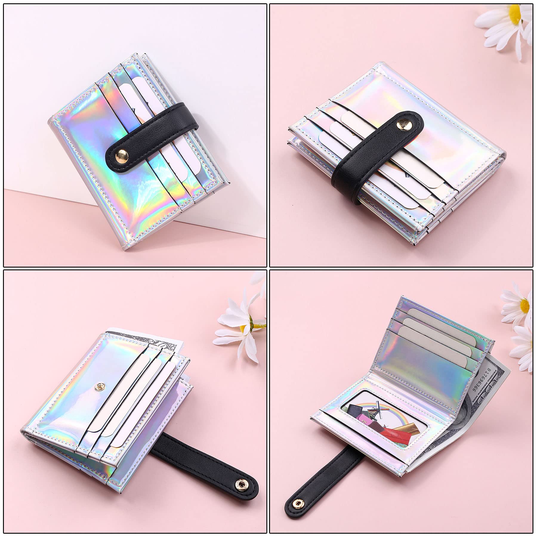 RARITYUS Women Shiny Wallet Holographic Bifold Leather Small Card Holder Coin Change Wallet Clutch Purse