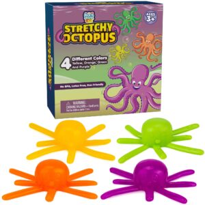 octopus wall crawling sticky toys for kids, 4 pack, soft and flexible squishy walkers, bright and colorful climbers, washable and reusable stickiness, birthday party favors and easter basket stuffers