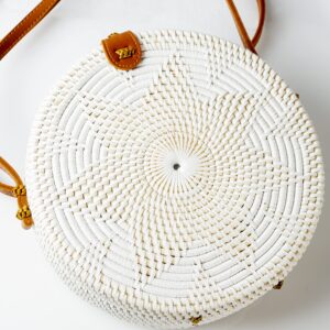 Handmade White Round Rattan Bag Star Pattern with Leather strap made in Bali