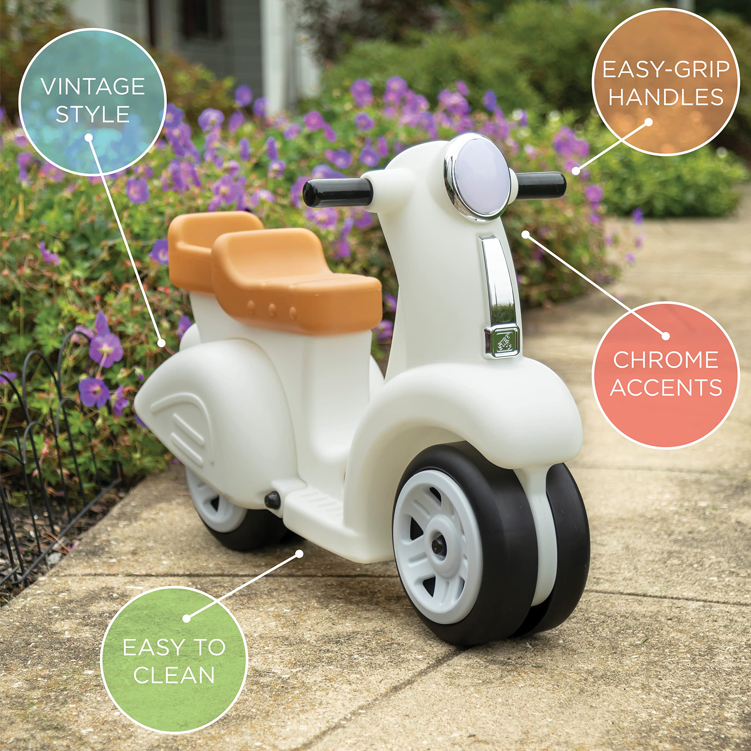 Step2 Ride Along Scooter for Kids, Foot-to-Floor Ride On Toy, Stylish Adventure on Four Wheels, Toddler Ages 1.5 - 4 Years Old, White