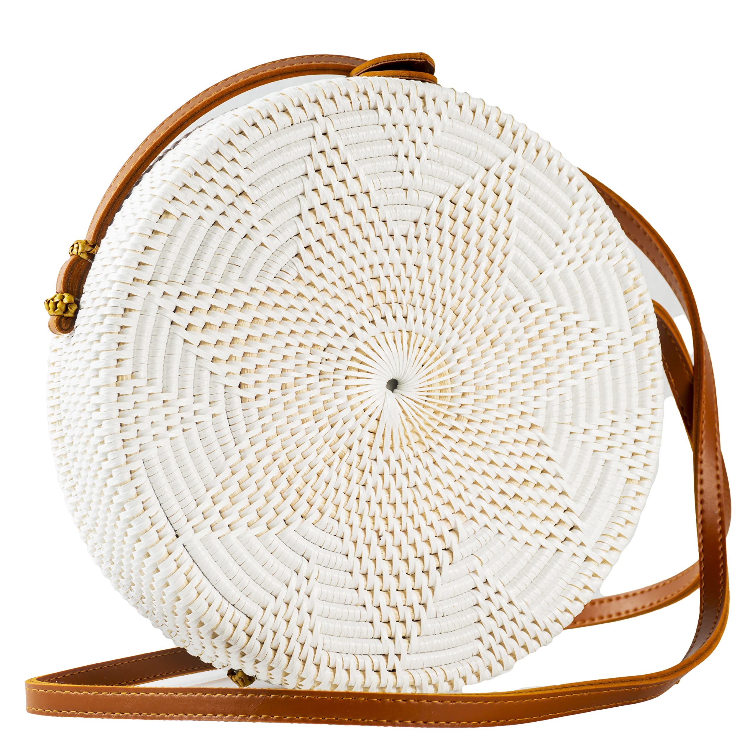 Handmade White Round Rattan Bag Star Pattern with Leather strap made in Bali