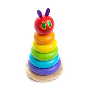 kids preferred world of eric carle, the very hungry caterpillar wooden stacker with colorful rainbow rings, 7 inch stacking solid wood educational developmental toy –sorting and stacking, multicolor